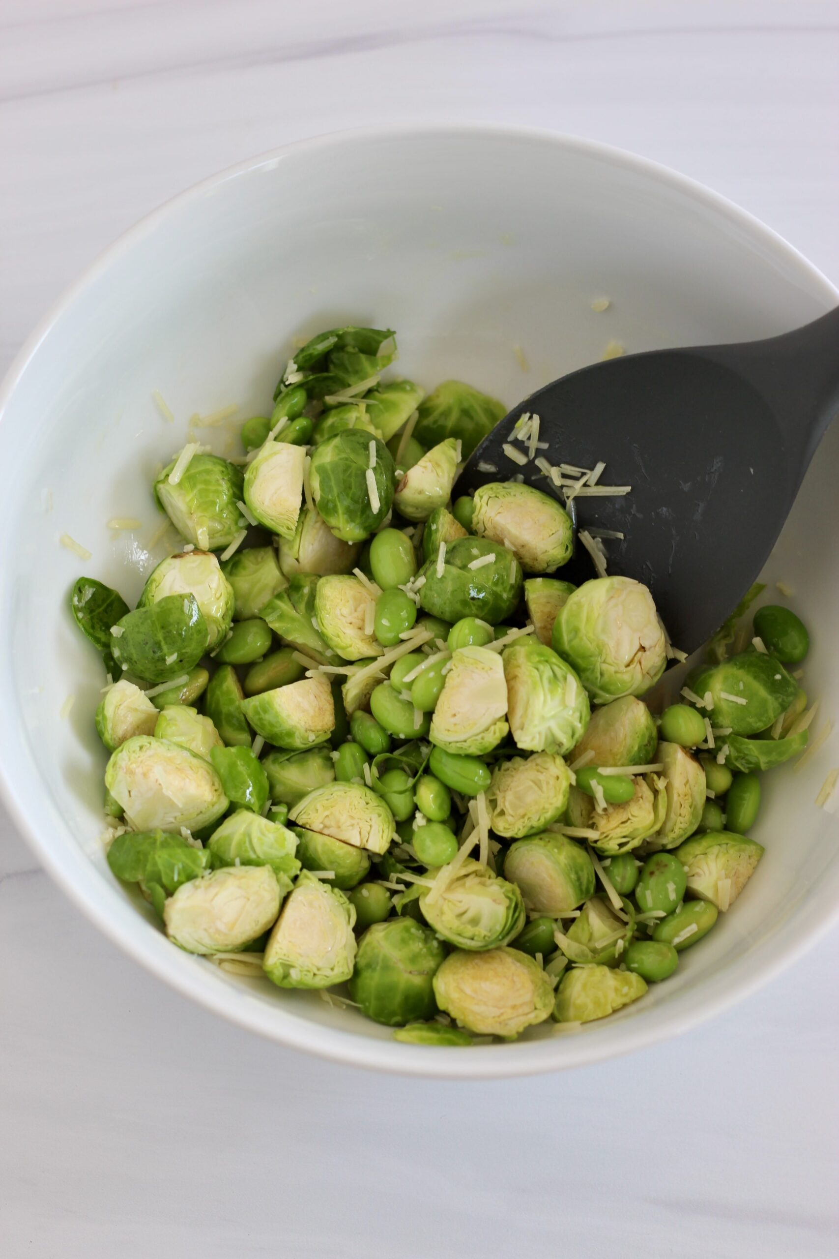 Air Fryer Edamame with Brussels Sprouts (And Parmesan!)